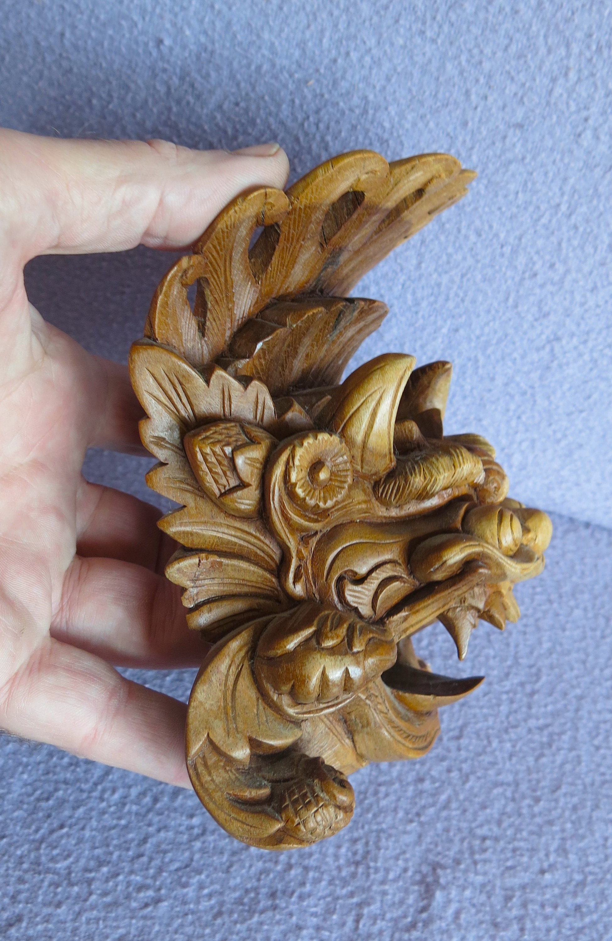 Vintage Balinese Carved Wood Barong Ket Mythical Lions Head Wall Plaque ...