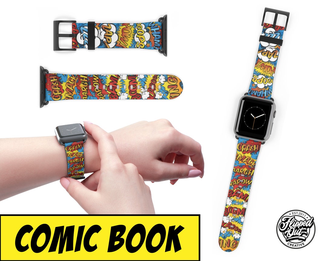 Comic Book Print Apple Watch Strap Premium Vegan Faux Leather Strap for ...