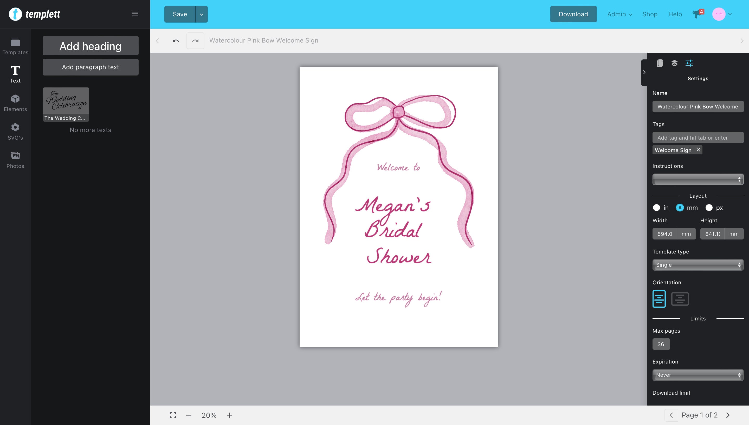 Pink Bow Watercolour Welcome Sign, Editable, Customisable, Printable ...