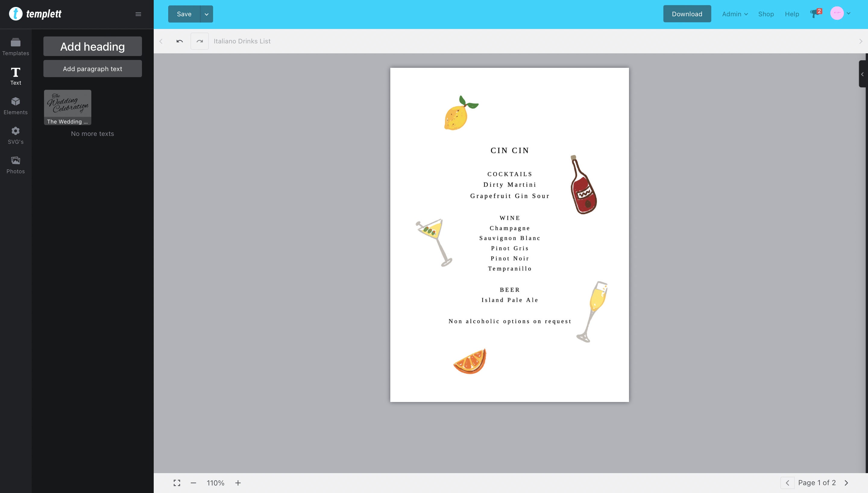 Italian Illustrated Editable and Printable Drinks List - Etsy