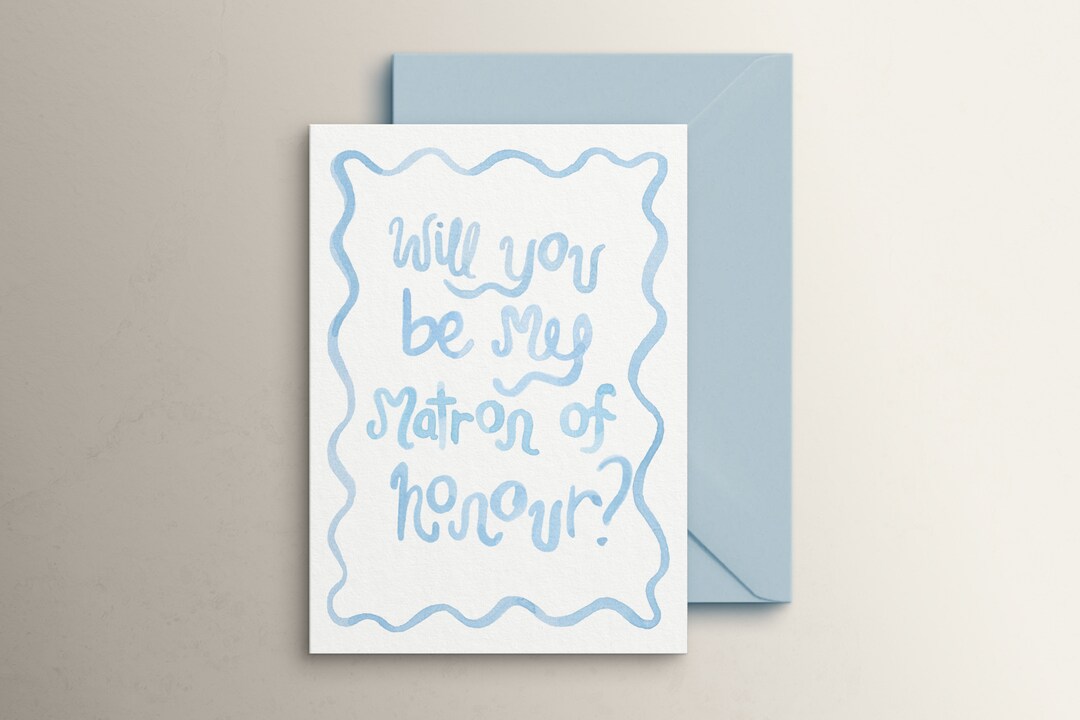 Blue Watercolour Squiggle Be My Matron of Honour Proposal Card ...