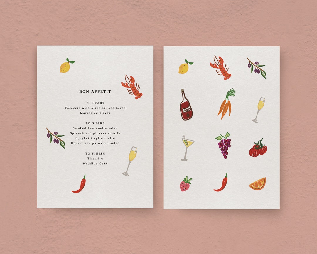 Italian Illustrated Editable, Customisable, Printable Menu - Wedding ...