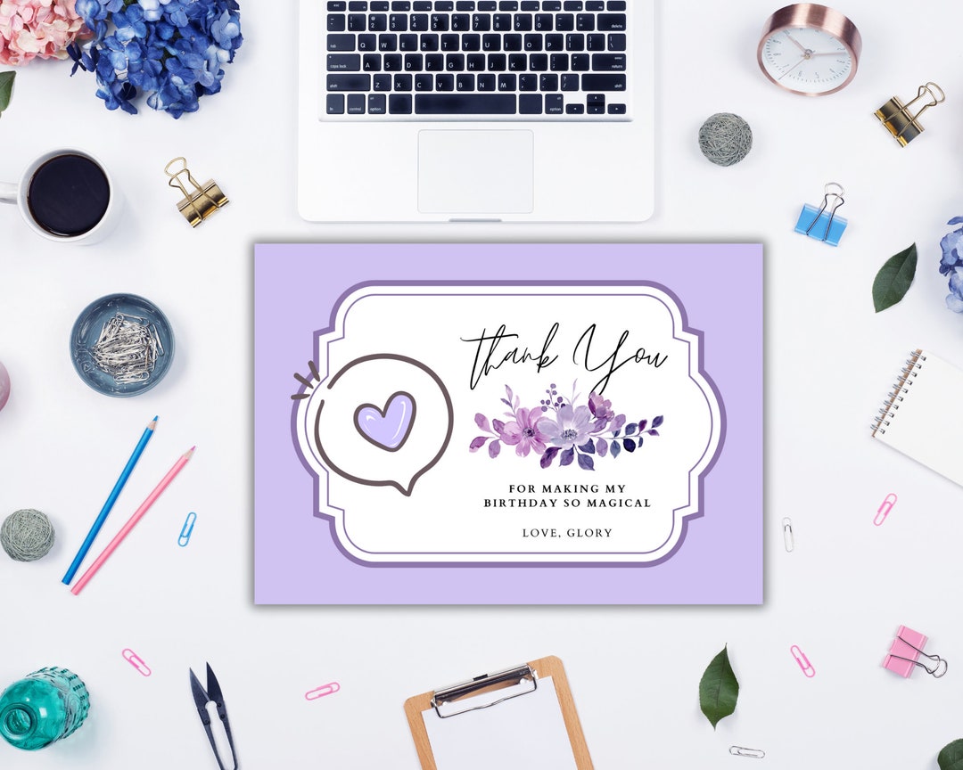 Editable Purple Thank You Cards, Customizable Note Cards, Personalized ...