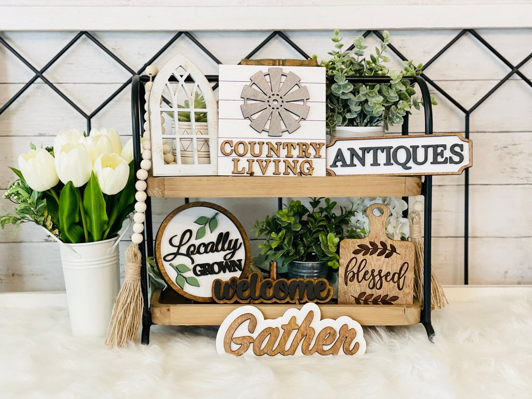 Rustic Country Living Tier Tray Decor Set, Farmhouse Wooden Mini Signs ...
