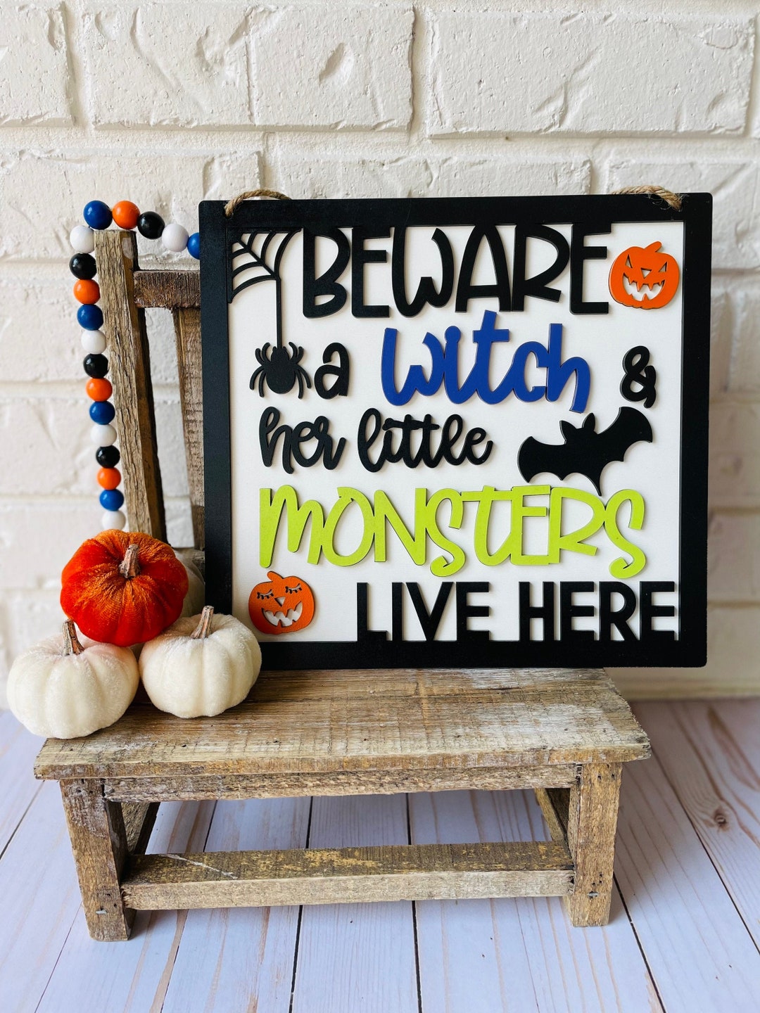 A Witch Lives Here With Her Monsters Door Hanger, Halloween Sign, Fall ...