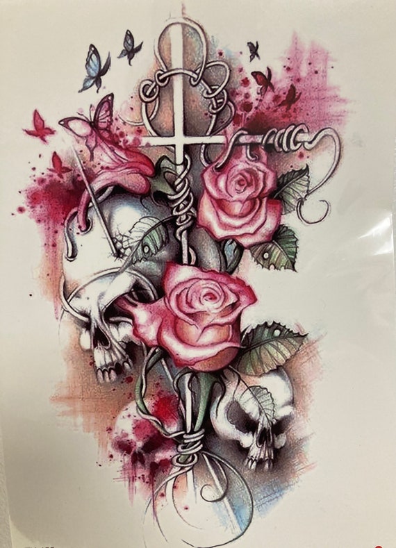 Realistic Rose And Skull Tattoo