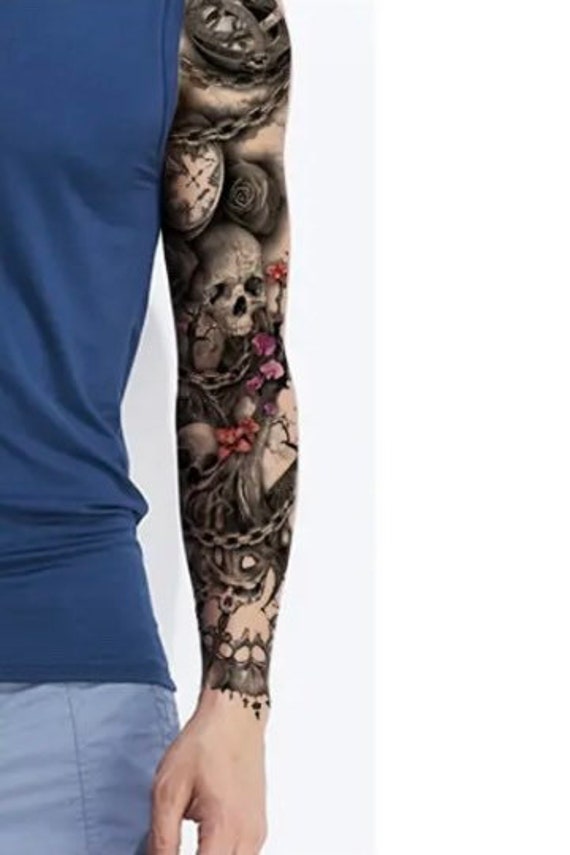 Flower Skull Leg Tattoo