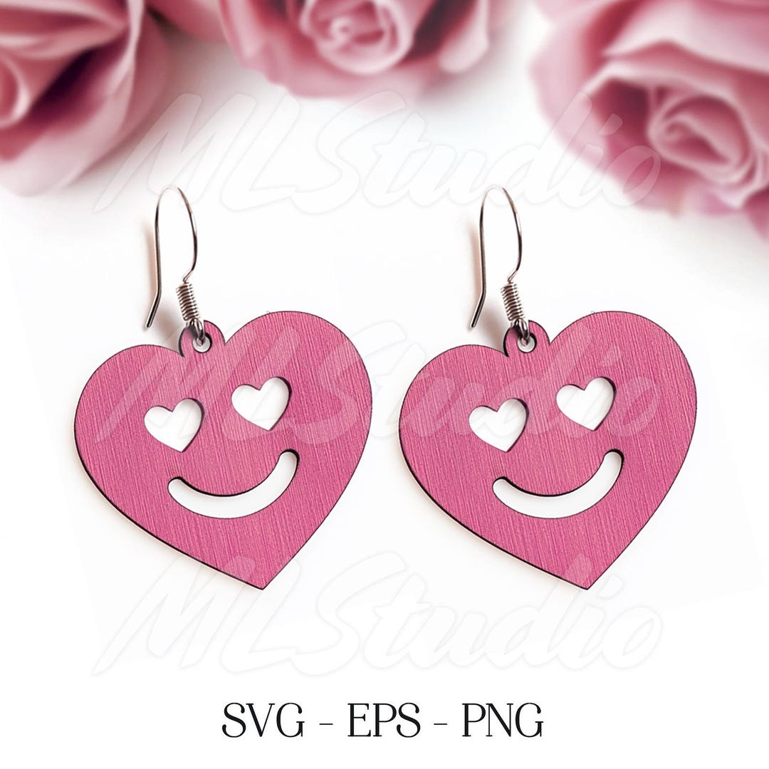 Heart Shape Earring Svg, Smiling Face, Valentines Day Wood Earring Svg ...