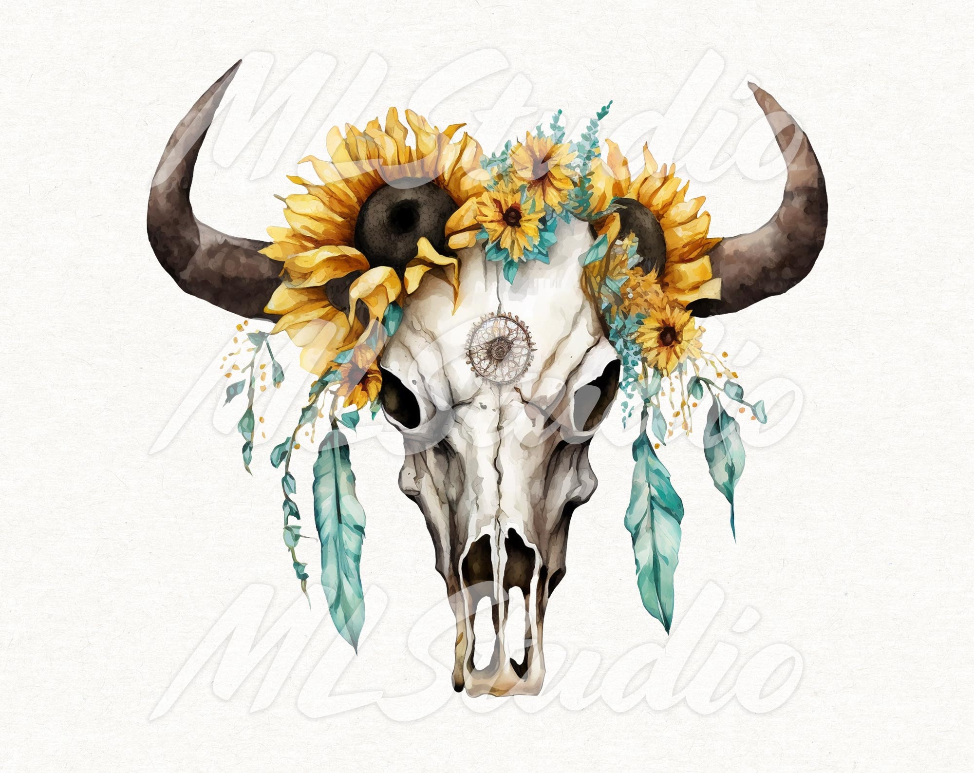 Sunflower Bull Skull PNG, Boho Bull Skull PNG, Sublimation Design ...
