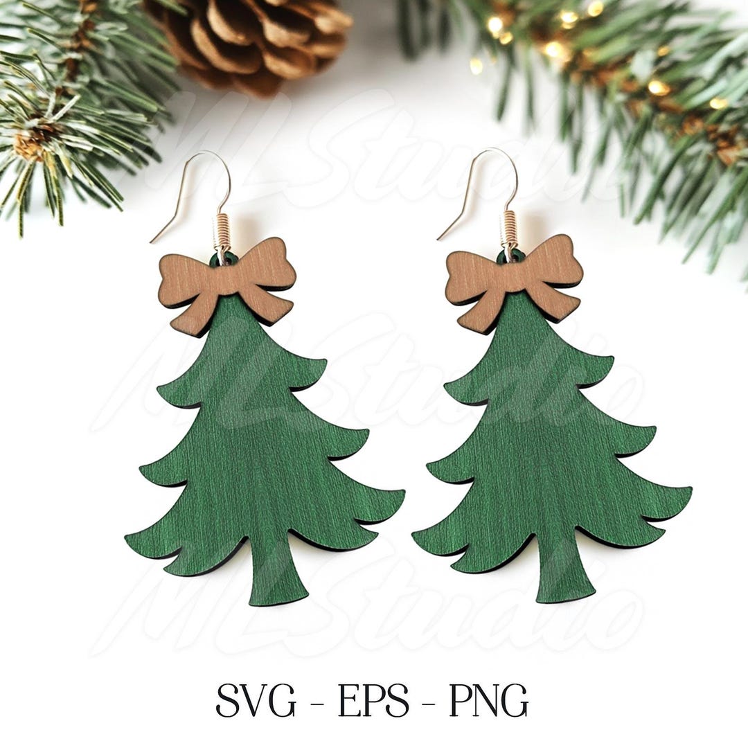 Cute Christmas Tree Earring SVG, Christmas Tree With Bow Earring ...
