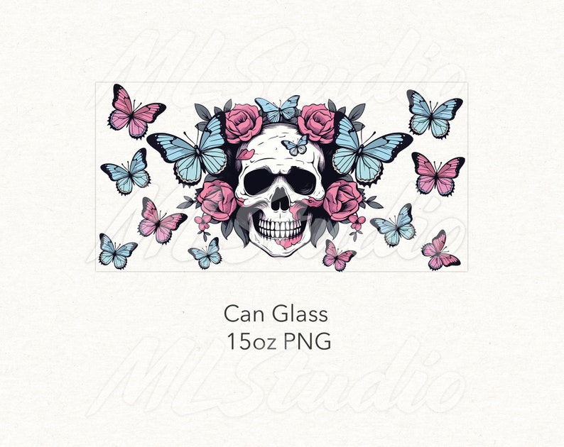 Floral Skull Can Glass PNG Floral Butterfly 16 Oz Libbey Can - Etsy