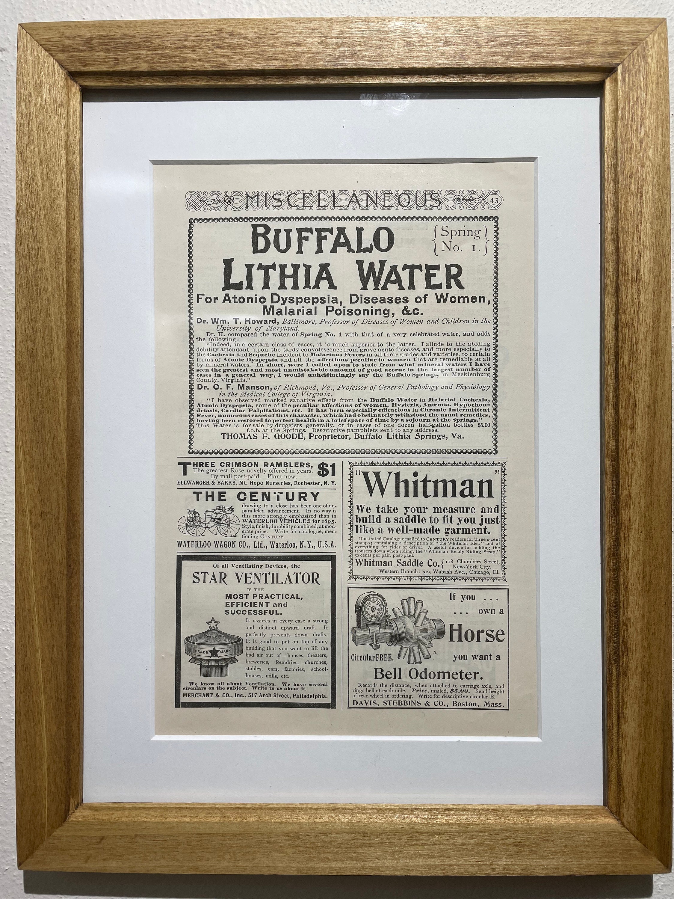 1895 Water Advertisement, Handmade Wooden Frame, “the Century Magazine ...