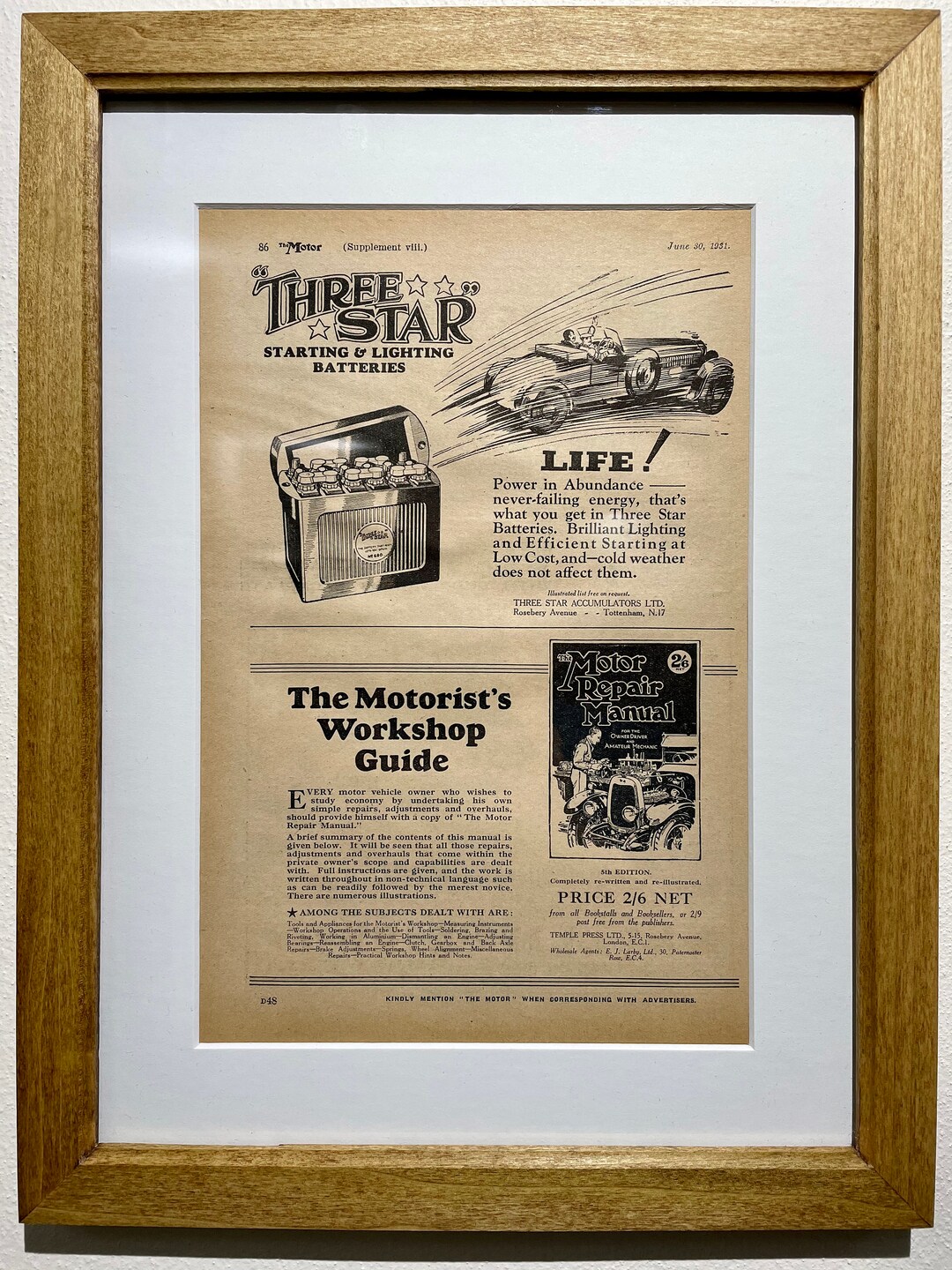 1931 Car Battery Advertisement, Handmade Wooden Frame, “the Motor ...