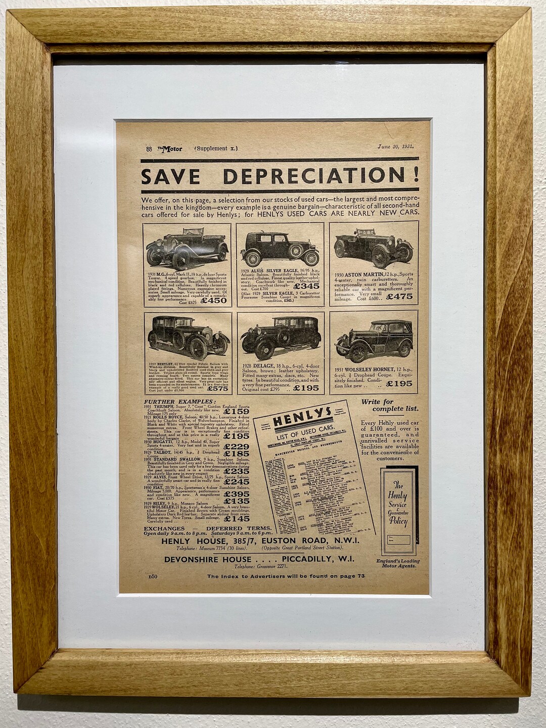 1931 Aston Martin Advertisement, Handmade Wooden Frame, “the Motor ...