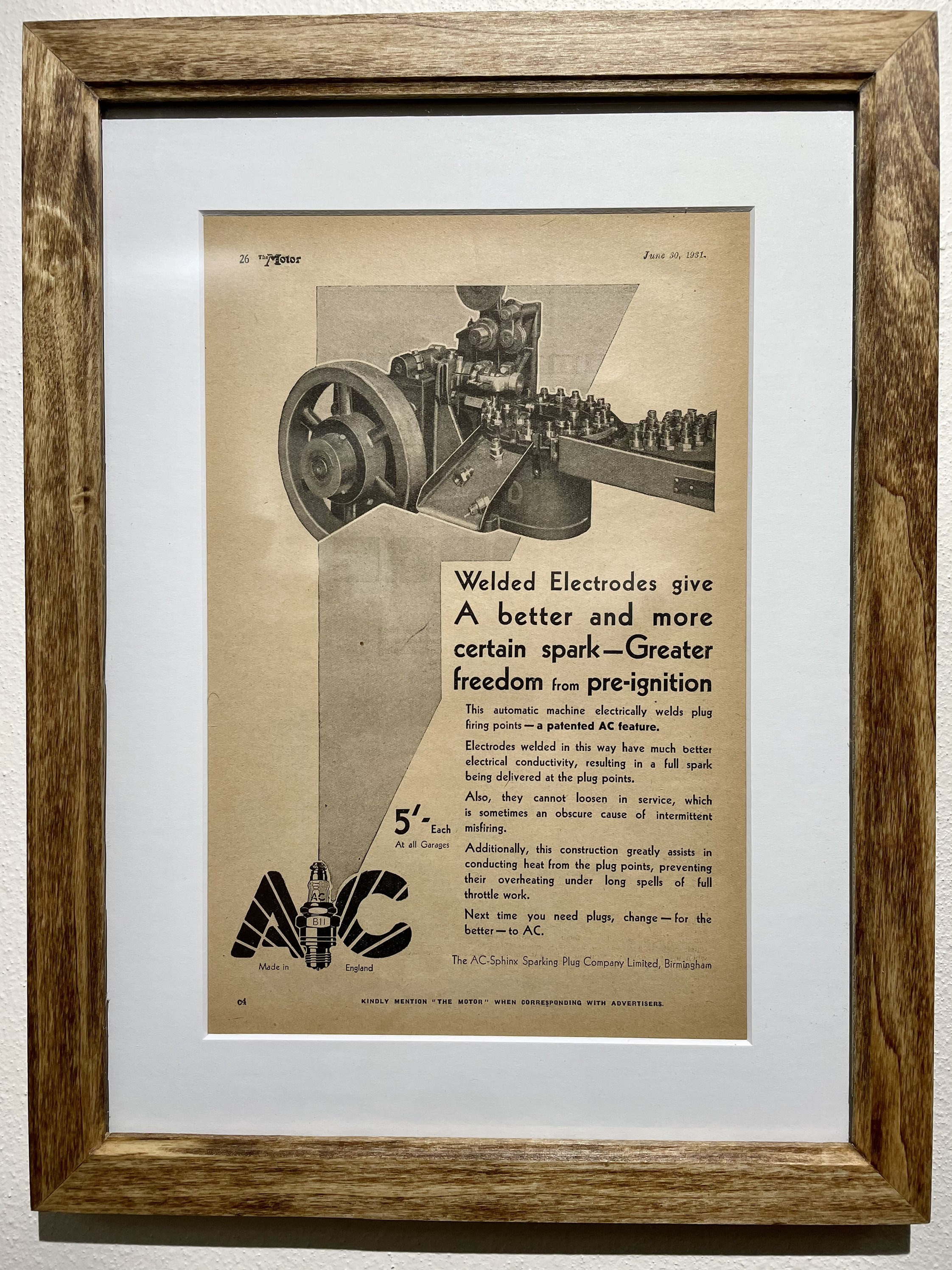 1931 Spark Plug Advertisement, Handmade Wooden Frame, The Motor Antique ...