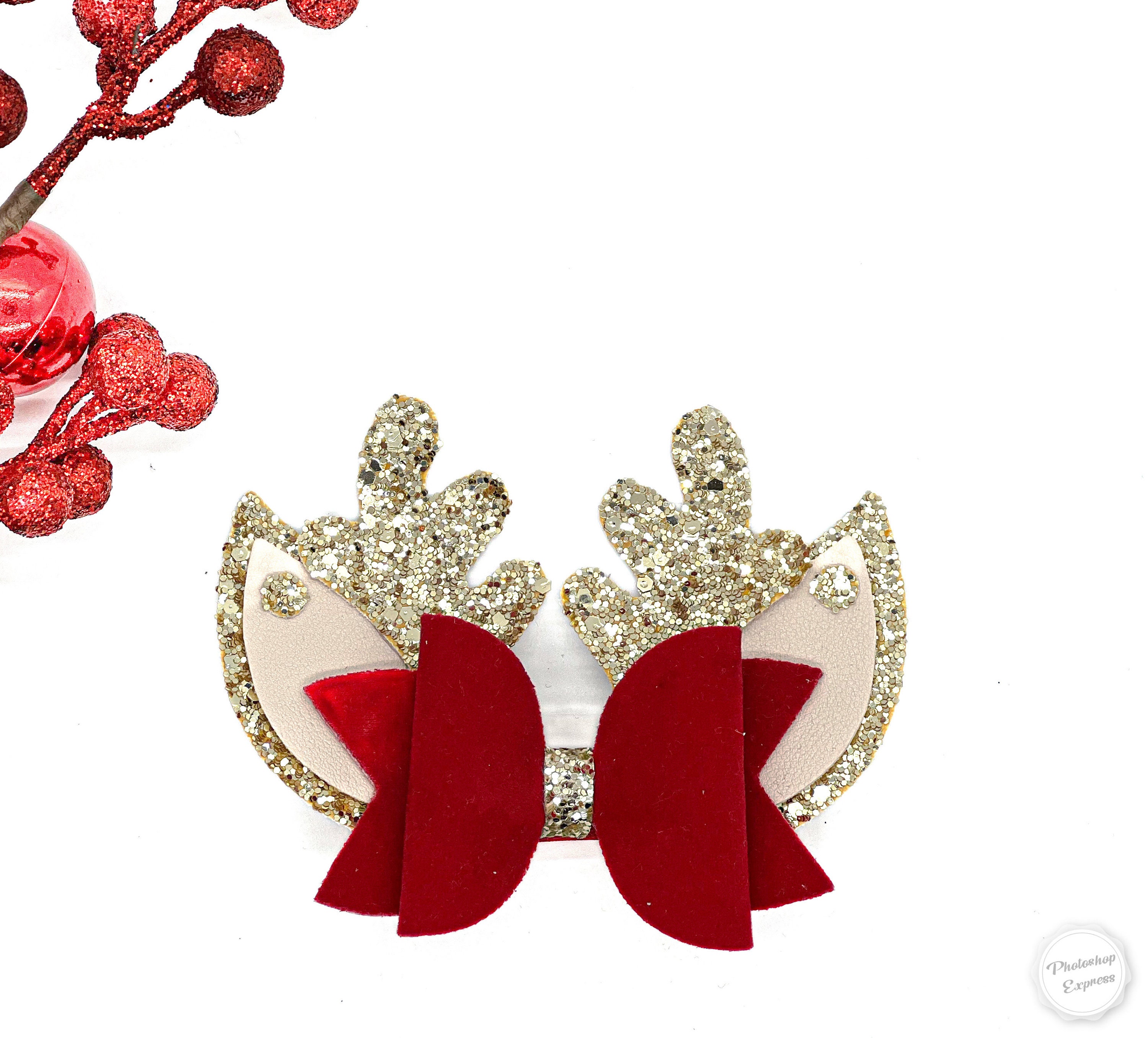 Christmas Red Velvet Rudolph Reindeer Antler Hair Bow - Holiday Rudolph ...