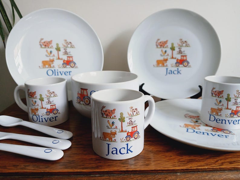Personalised Farm Animal Dinnerware Set: Christening Gift, Custom Plate ...
