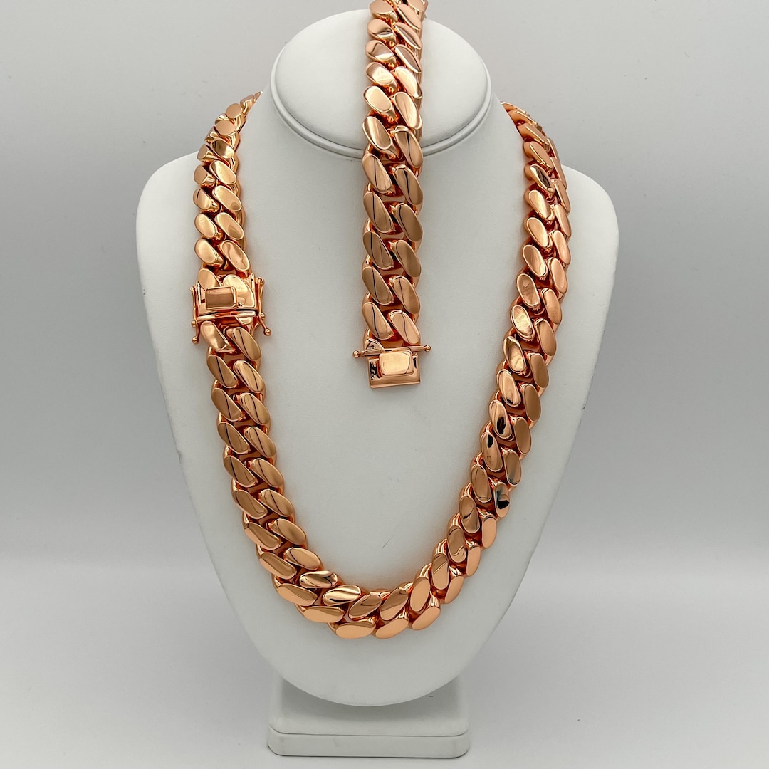 Cuban Link Necklace Chain and Bracelet Set 14K Rose Gold 20MM Plated ...