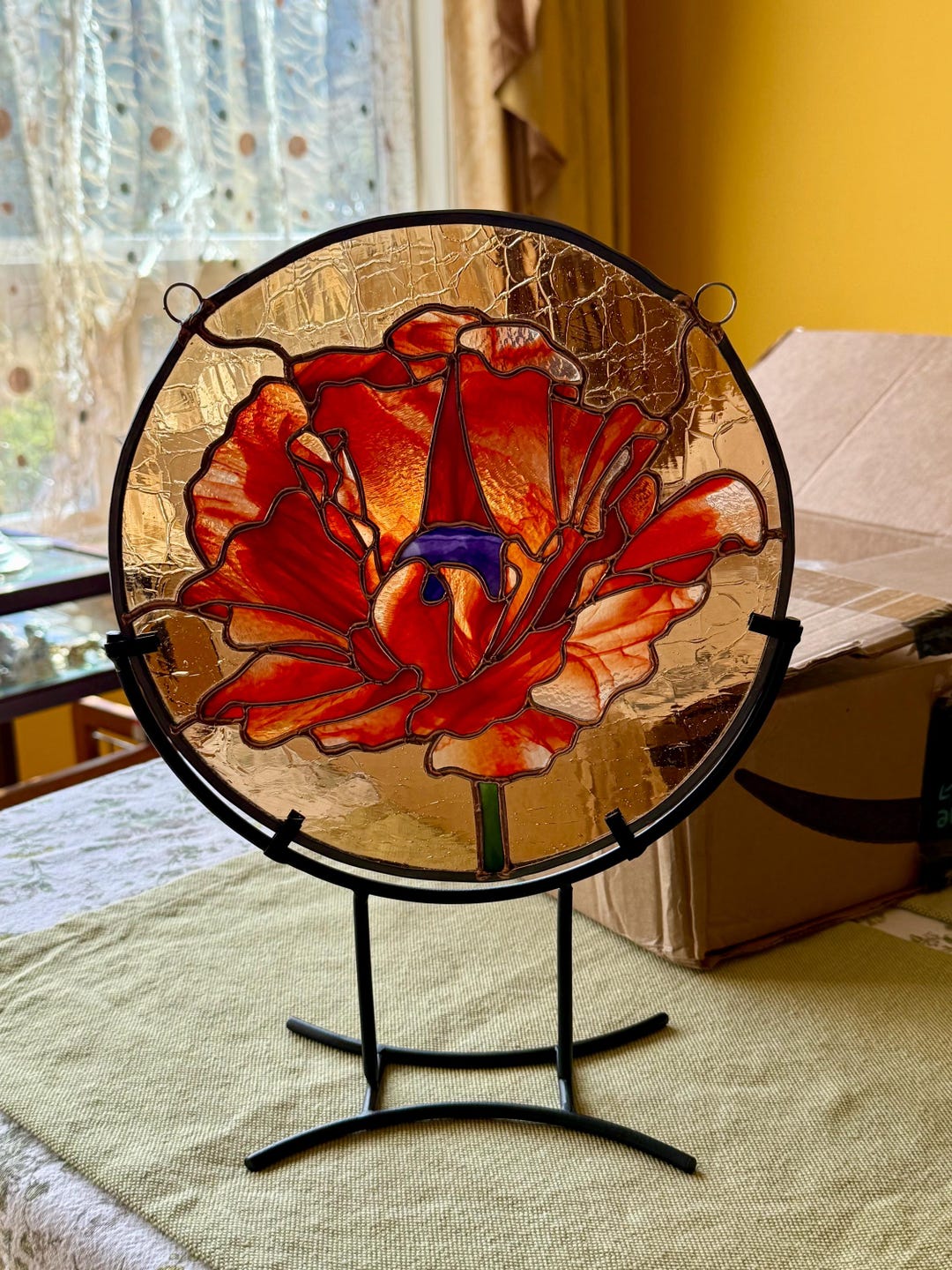 Tiffany-style Red Poppy Stained Glass Panel – Round Window Art Décor - Etsy