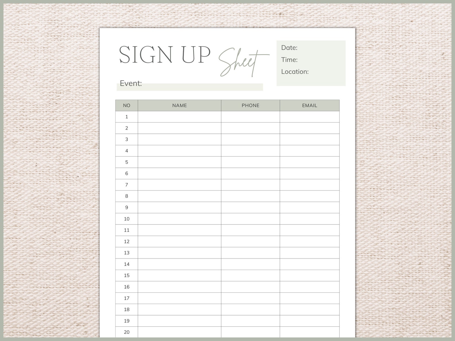 Editable Sign up Sheet Template | Printable Sign up Form | Contact ...