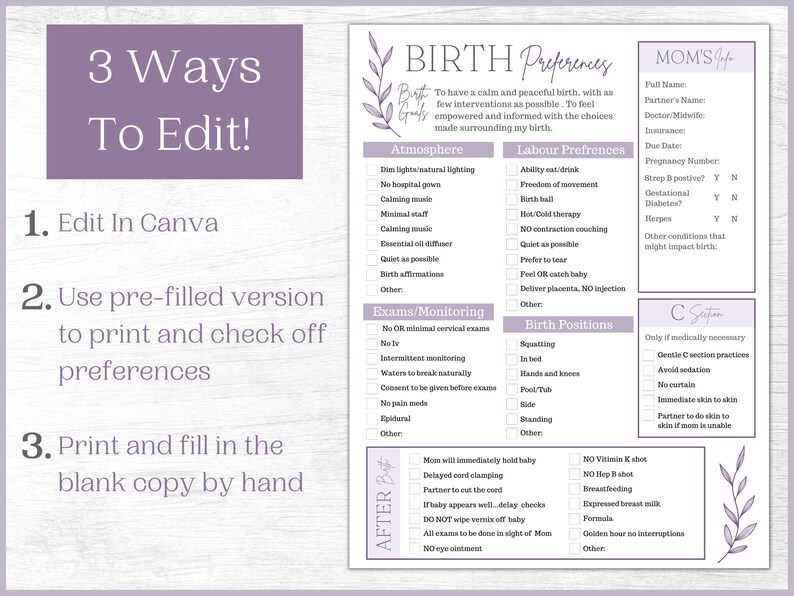 Editable Birth Plan Template |printable Birth Plan Checklist - Etsy