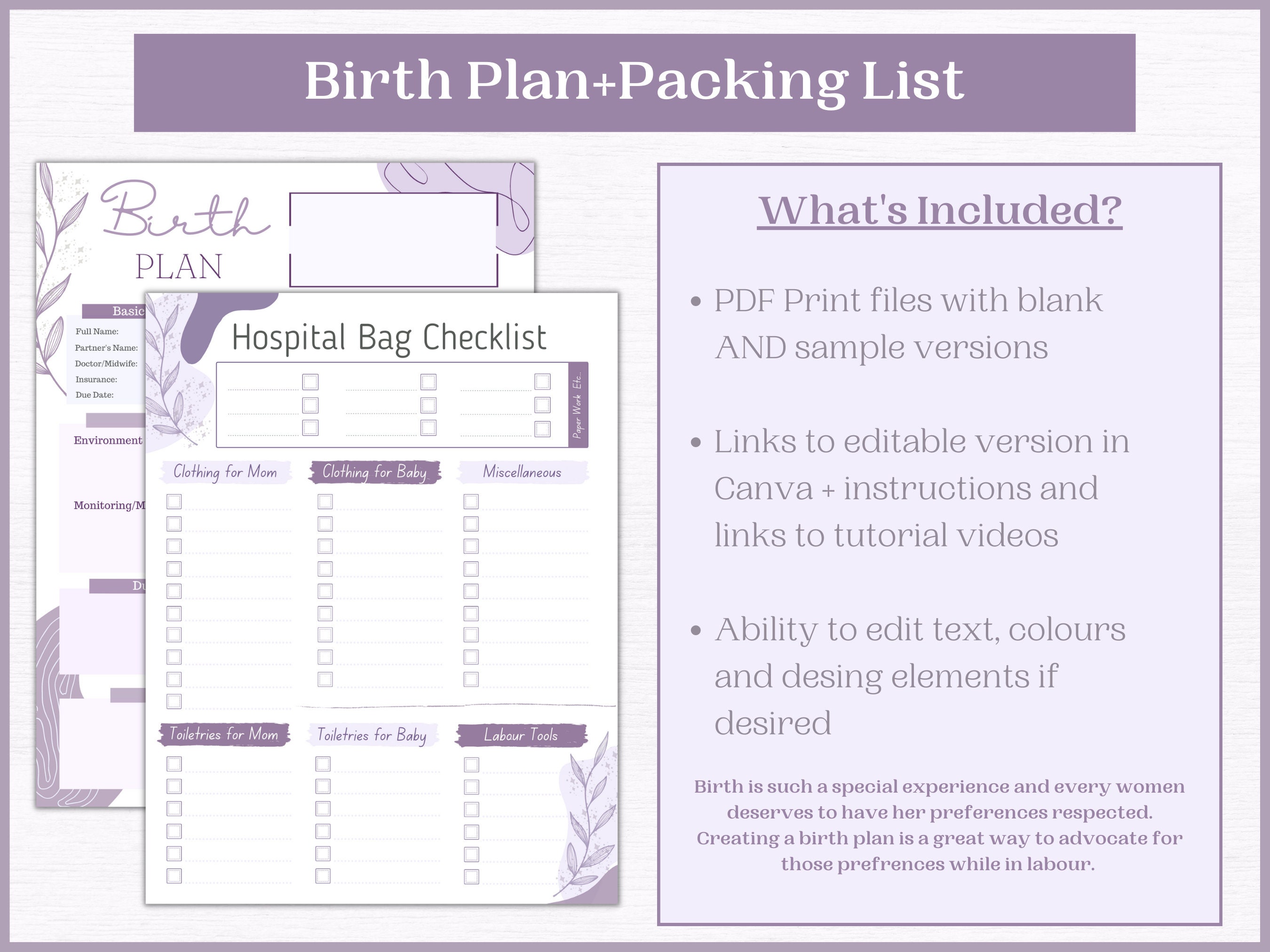 Editable Birth Plan Template and Hospital Bag Checklist Bundle - Etsy
