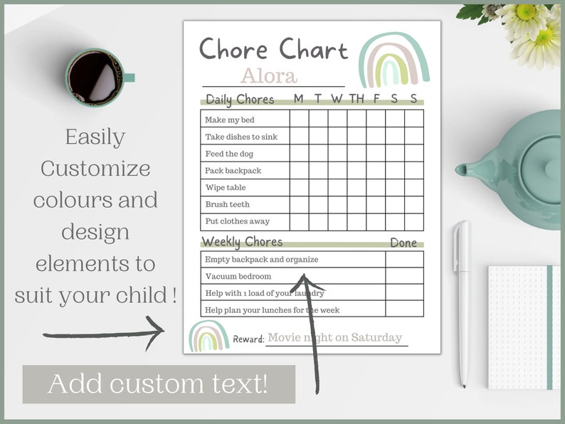 Editable Chore Chart for Kids Printable Kids Chore Chart Responsibility ...