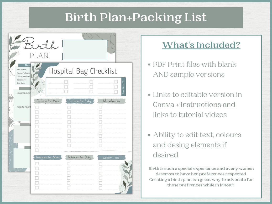 Editable Birth Plan Template and Hospital Bag Checklist Bundle - Etsy