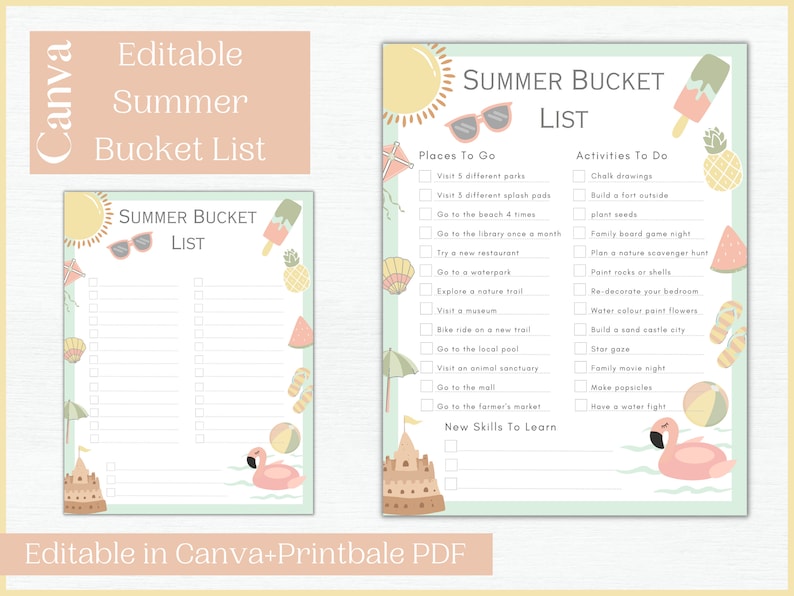Editable Summer Bucket List Canva Template | Activity Checklist for ...