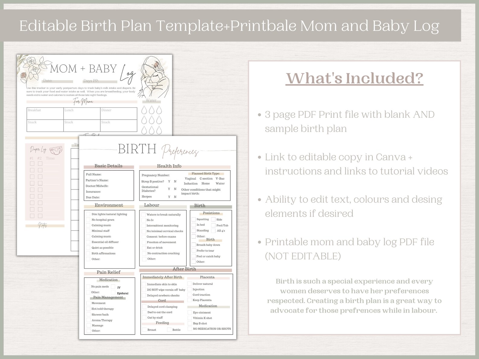 Editable Birth Plan Template and Printable Newborn Log | Mini Birth ...