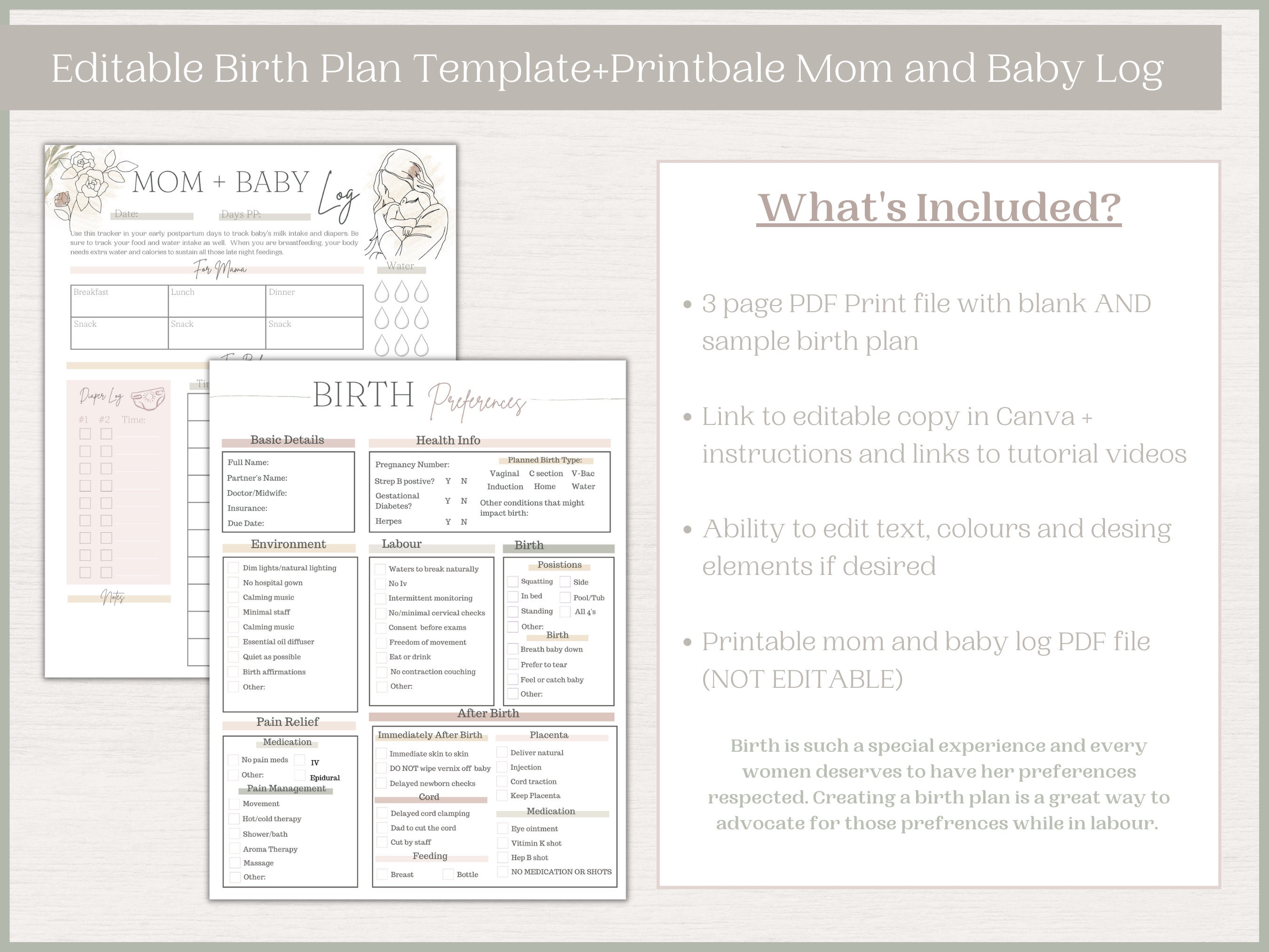 Editable Birth Plan Template and Printable Newborn Log | Mini Birth ...