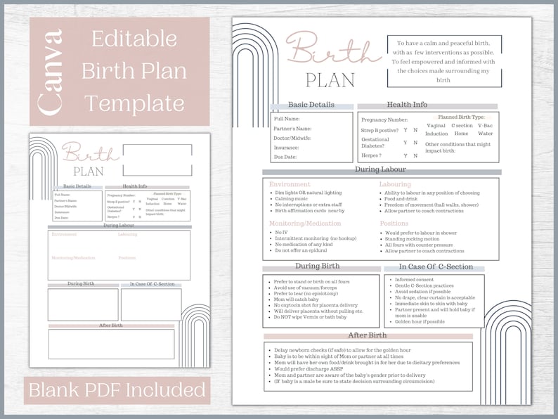 Editable Birth Plan Template Printable Birthing Plan Labour and Delivery Preferences Template ...