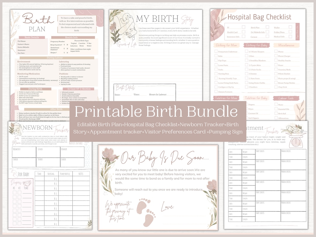 Mini Birth Plan Bundle | Editable Birth Plan| Hospital Bag Checklist | Pumping in Progress Sign ...