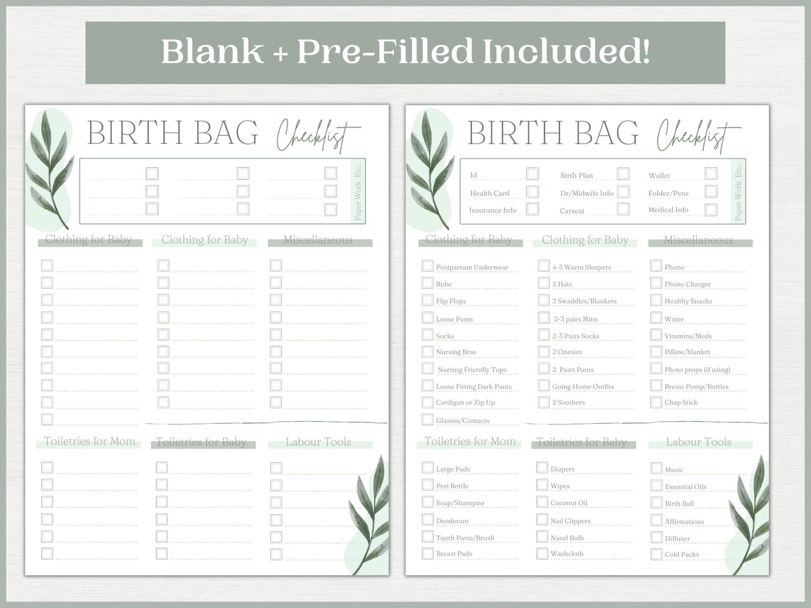 Birth Bag Packing List Editable Hospital Bag Packing Checklist Birth ...