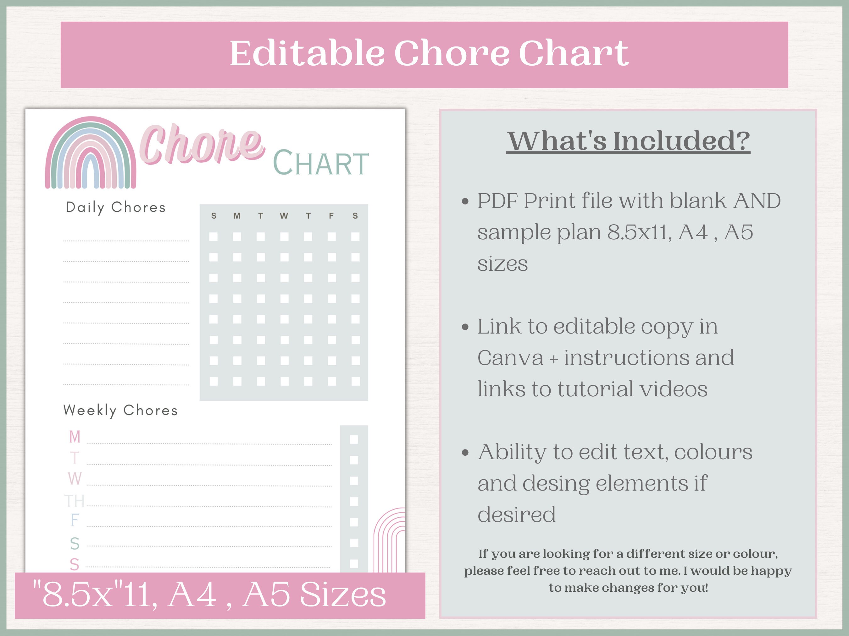 Editable Chore Chart for Kids Printable Kids Chore Chart Responsibility ...