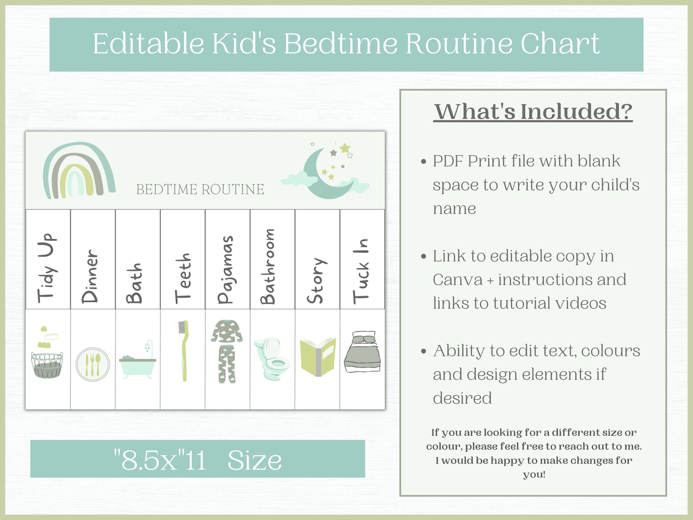 Editable Toddler Bedtime Routine Chart | Printable Chore Chart for Kids ...