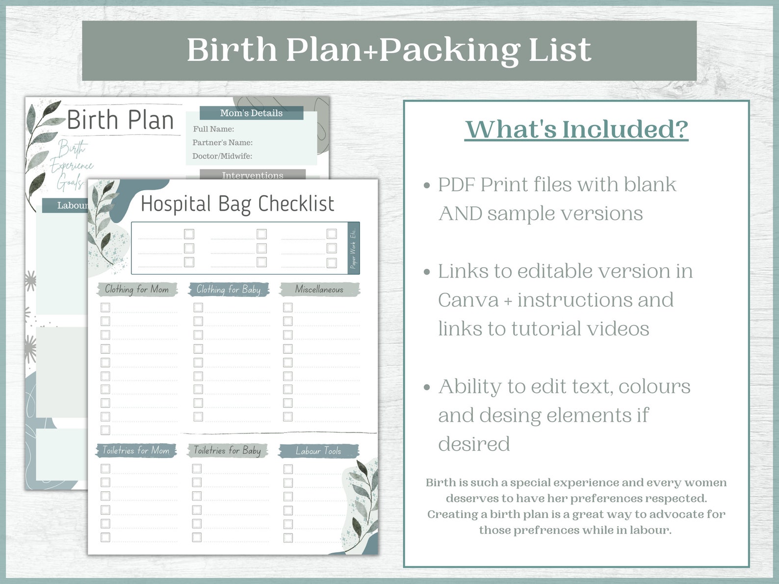 Mini Birth Plan Bundle Editable Birth Plan Hospital Bag - Etsy