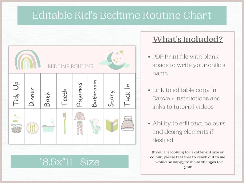 Editable Toddler Bedtime Routine Chart Printable Chore Chart - Etsy