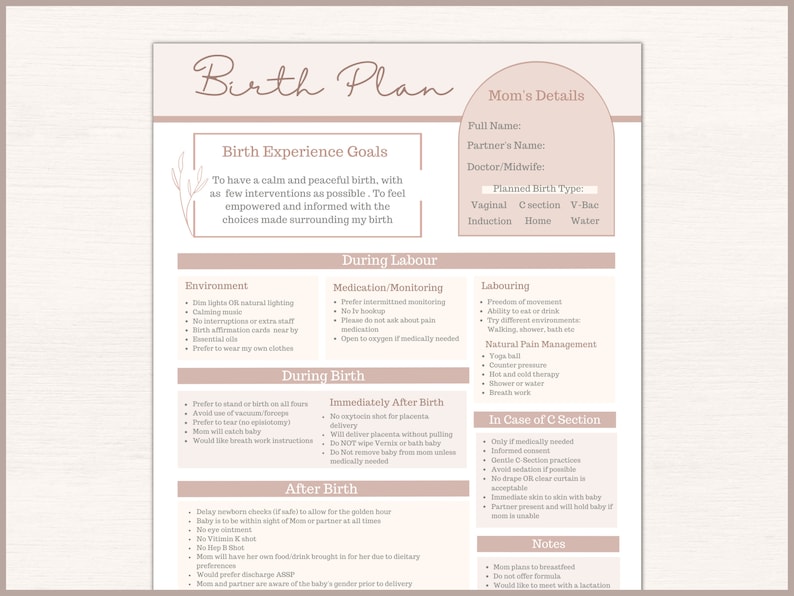 Editable Birth Plan Template | Printable Birthing Plan | Labour and ...