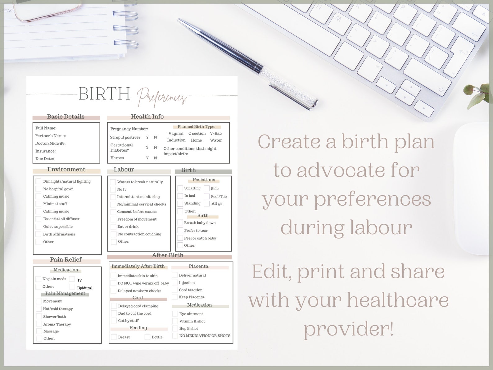 Printable and Editable Birth Plan Template | Neutral Colours Birth Plan ...