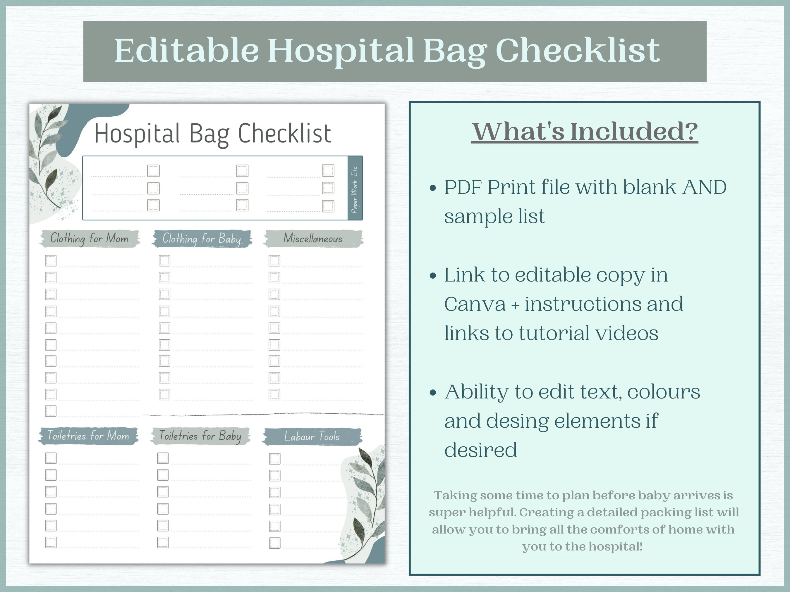 Hospital Bag Packing List | Editable Hospital Bag Packing Checklist ...