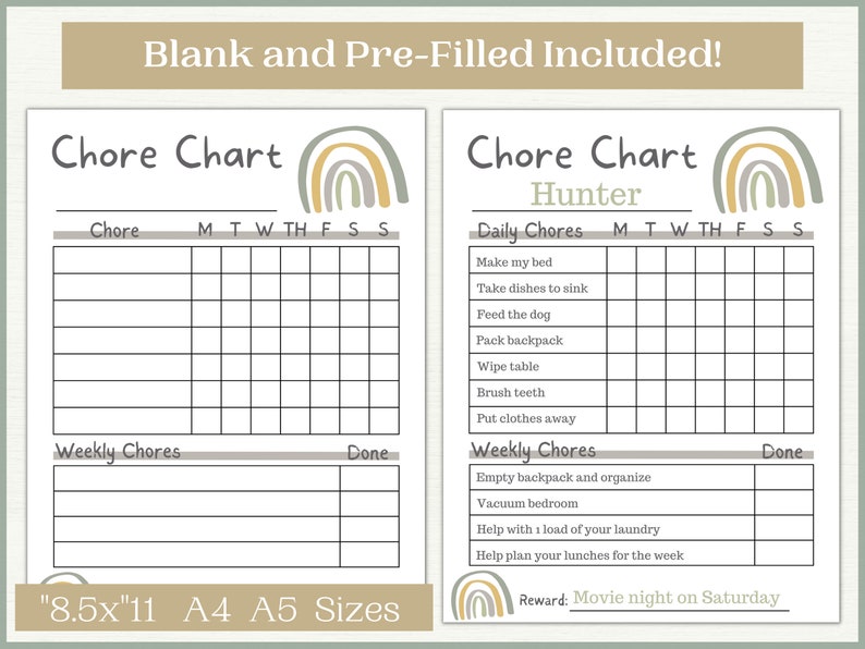 Editable Chore Chart for Kids Printable Kids Chore Chart Responsibility ...