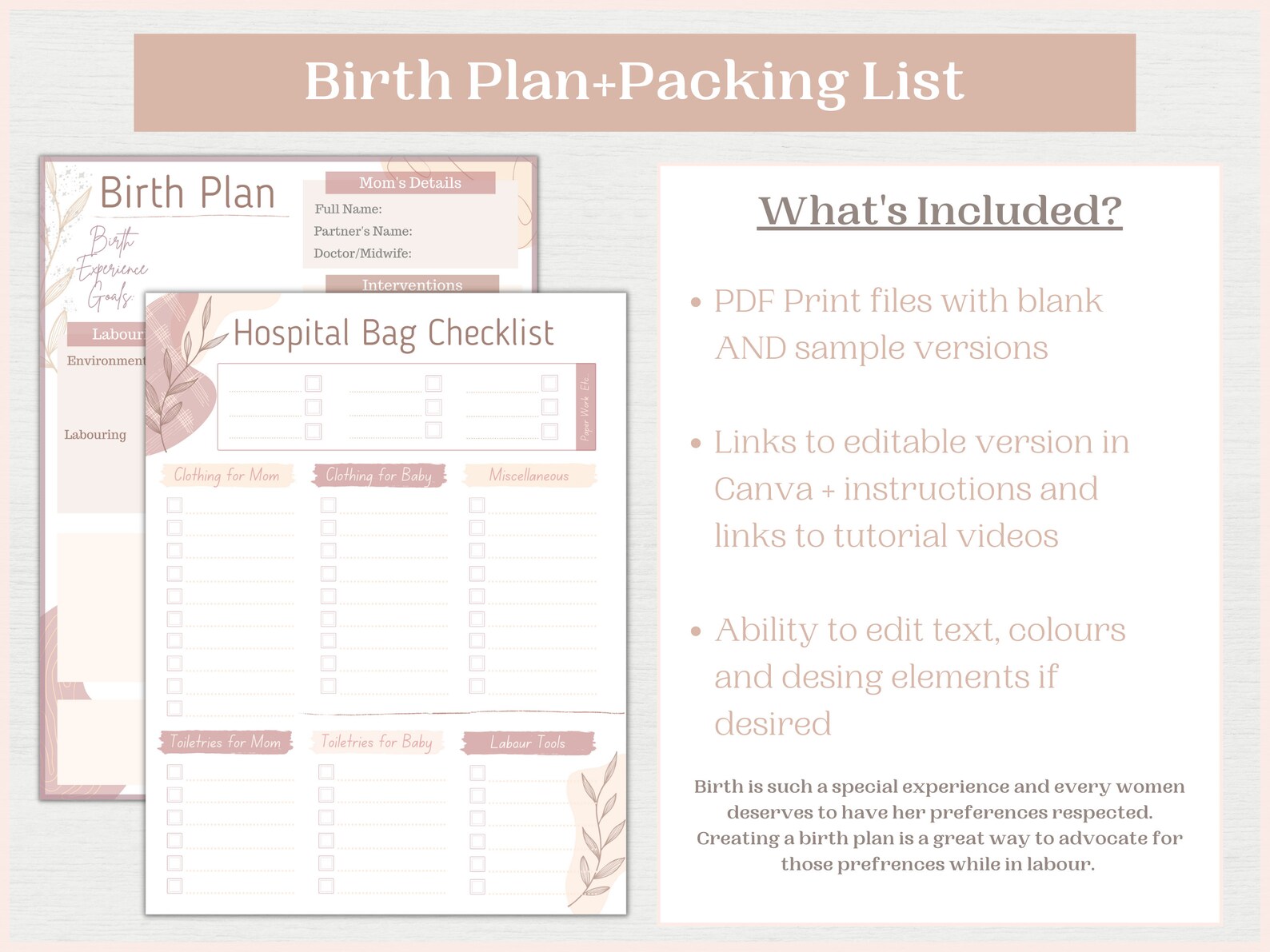 Editable Birth Plan Template and Hospital Bag Checklist Bundle - Etsy