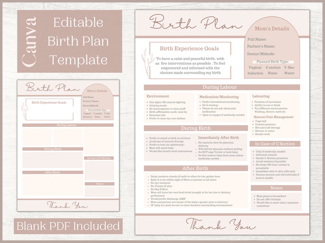 Editable Birth Plan Template | Printable Birthing Plan | Labour and ...