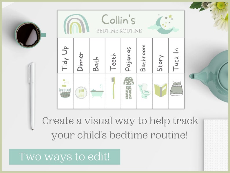 Editable Toddler Bedtime Routine Chart | Printable Chore Chart for Kids ...