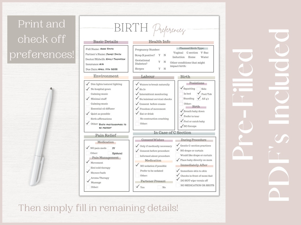 Editable Birth Plan Template |printable Birth Plan and Checklist - Etsy