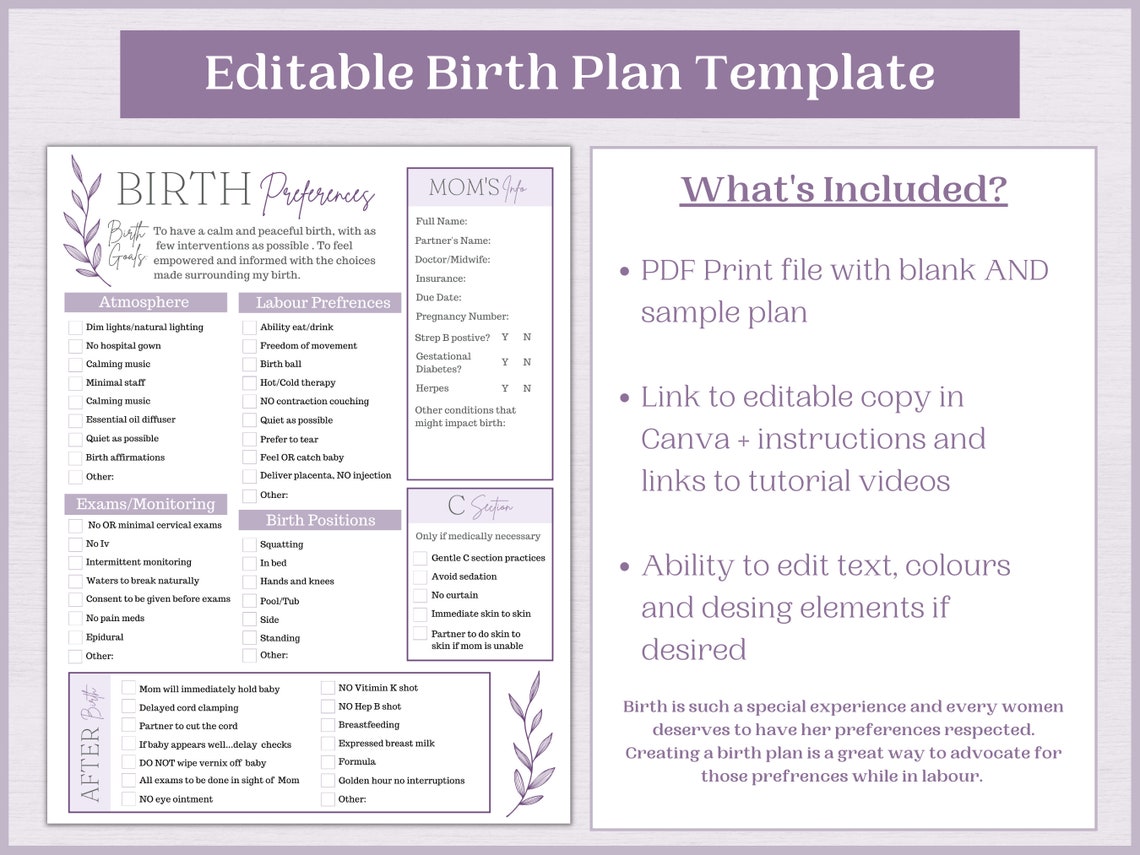 Editable Birth Plan Template |printable Birth Plan Checklist - Etsy