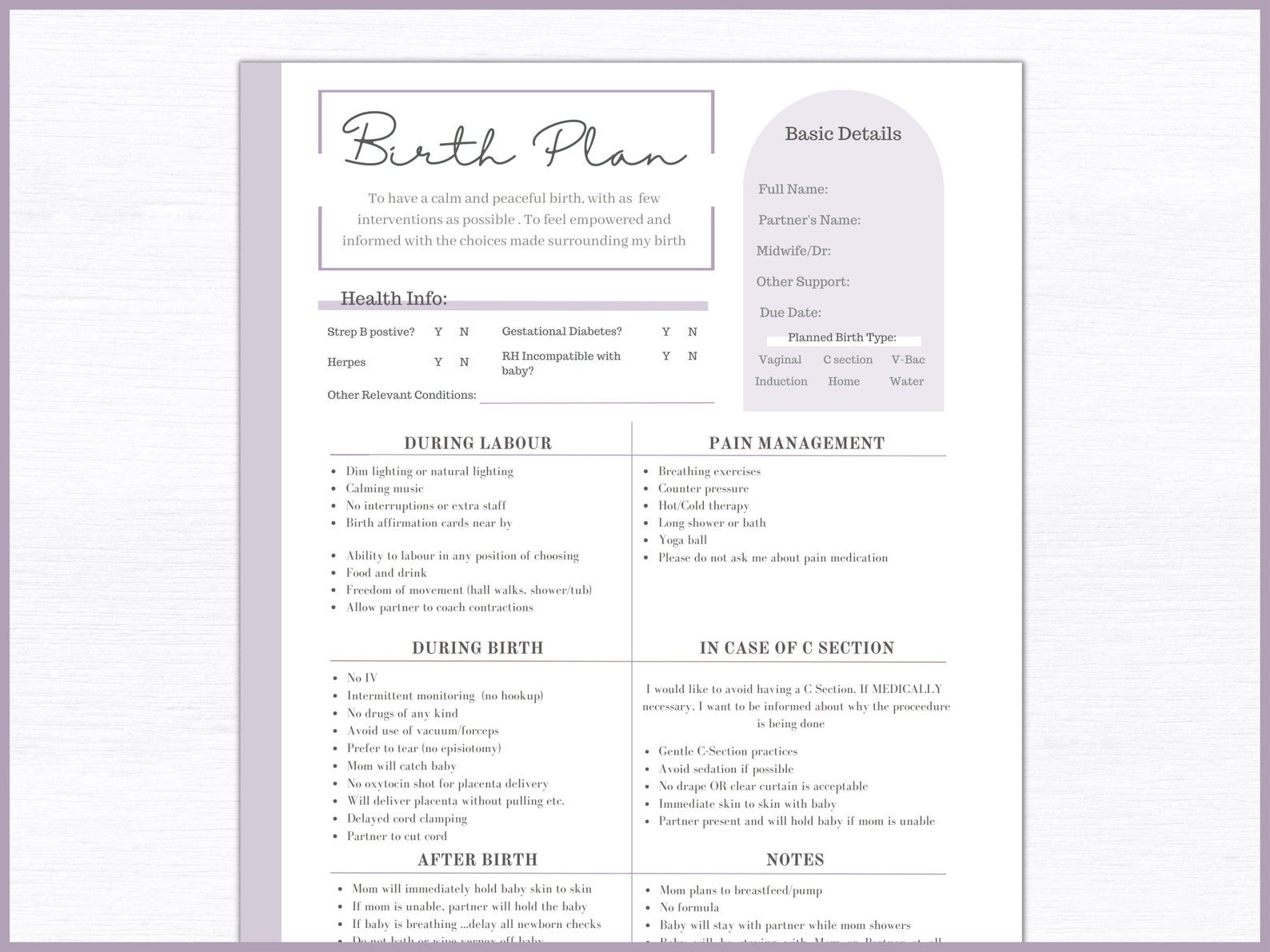 Editable Birth Plan Template | Printable Birthing Plan | Labour and ...