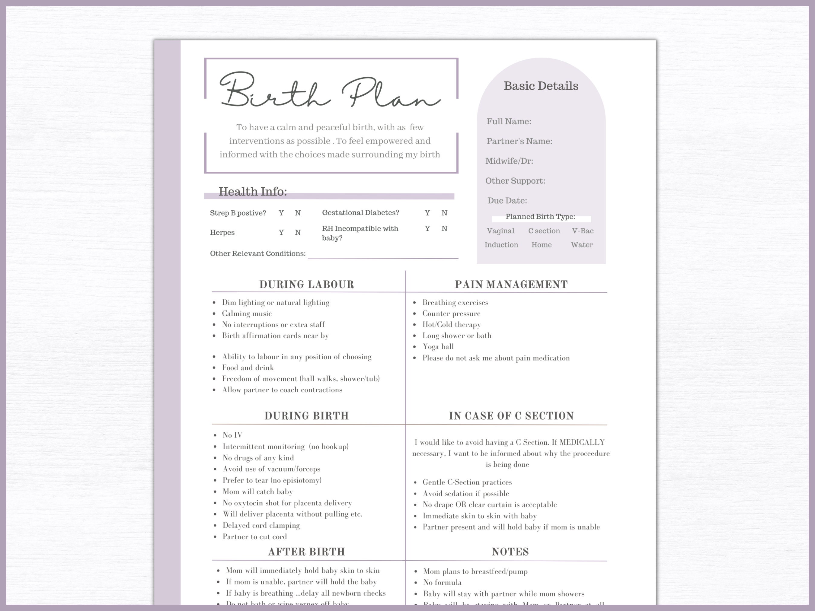 Editable Birth Plan Template | Printable Birthing Plan | Labour and ...