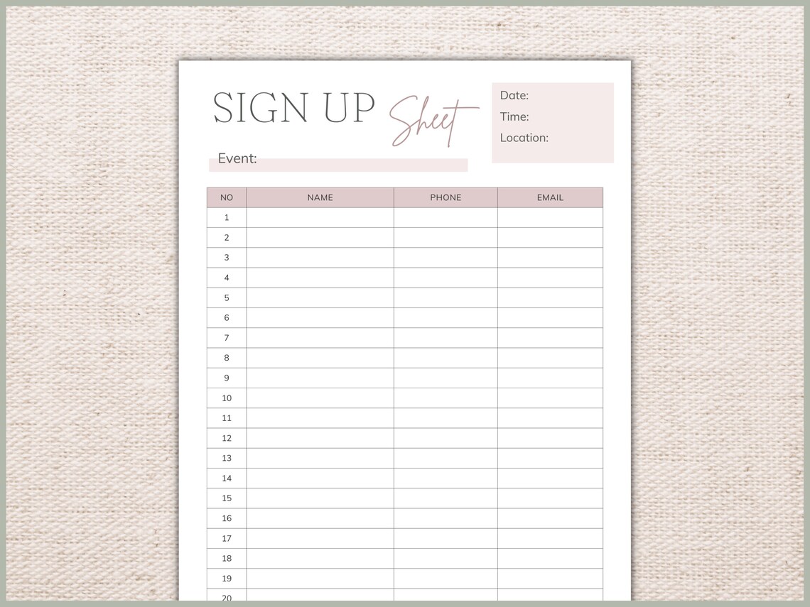 Editable Sign up Sheet Template Printable Sign up Form Contact ...